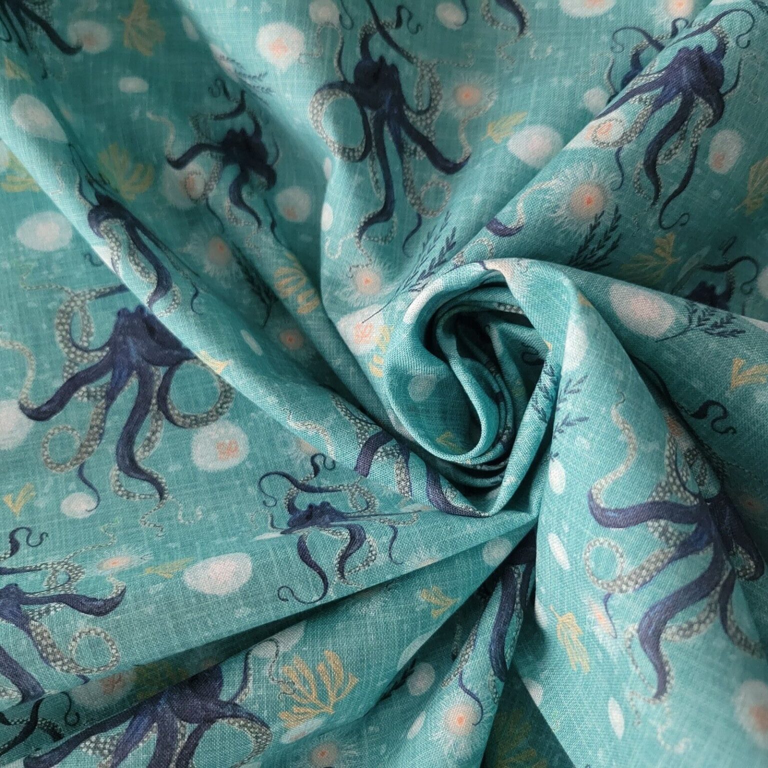 Adorable Octopuses Swim in Kelp on Teal Cotton Shirting/Quilting ! OEKO ...